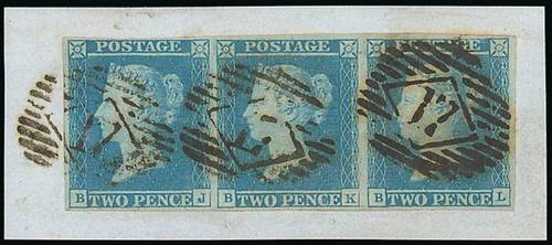 2214 - Great Britain 1841 Two Pence Blue Plate 3 BJ-BL pale blue shade,...