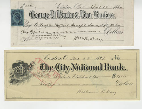 759 - Day, William R. - Five Checks Signed, Canton, OH, 1881-92.