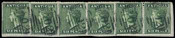 2181 - ANTIGUA 1876 Watermark Crown CC, Perf. 14 Six Pence Blue-green h...