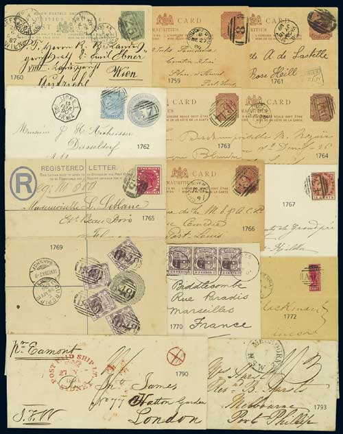 1766 - Mauritius Numeral Obliterators 1891 (12 Dec.) 2c. brown card to...